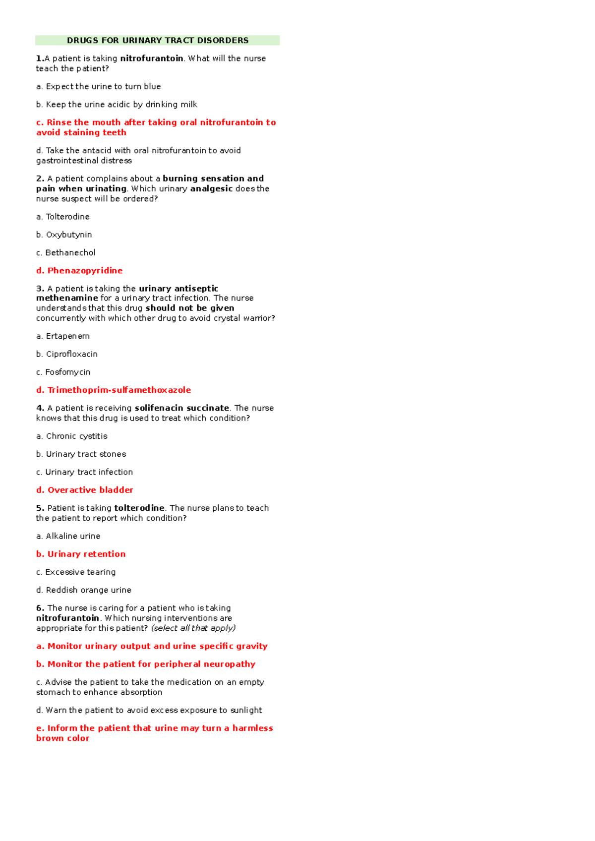 Module 17: Sample Questions on Urinary Tract Disorders - Studocu