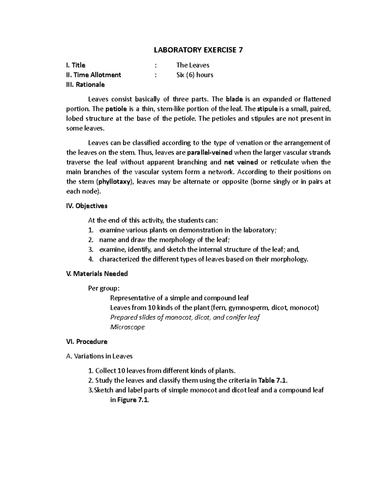 Lab7-The-Leaves - Yeahh lecturess - LABORATORY EXERCISE 7 I. Title ...