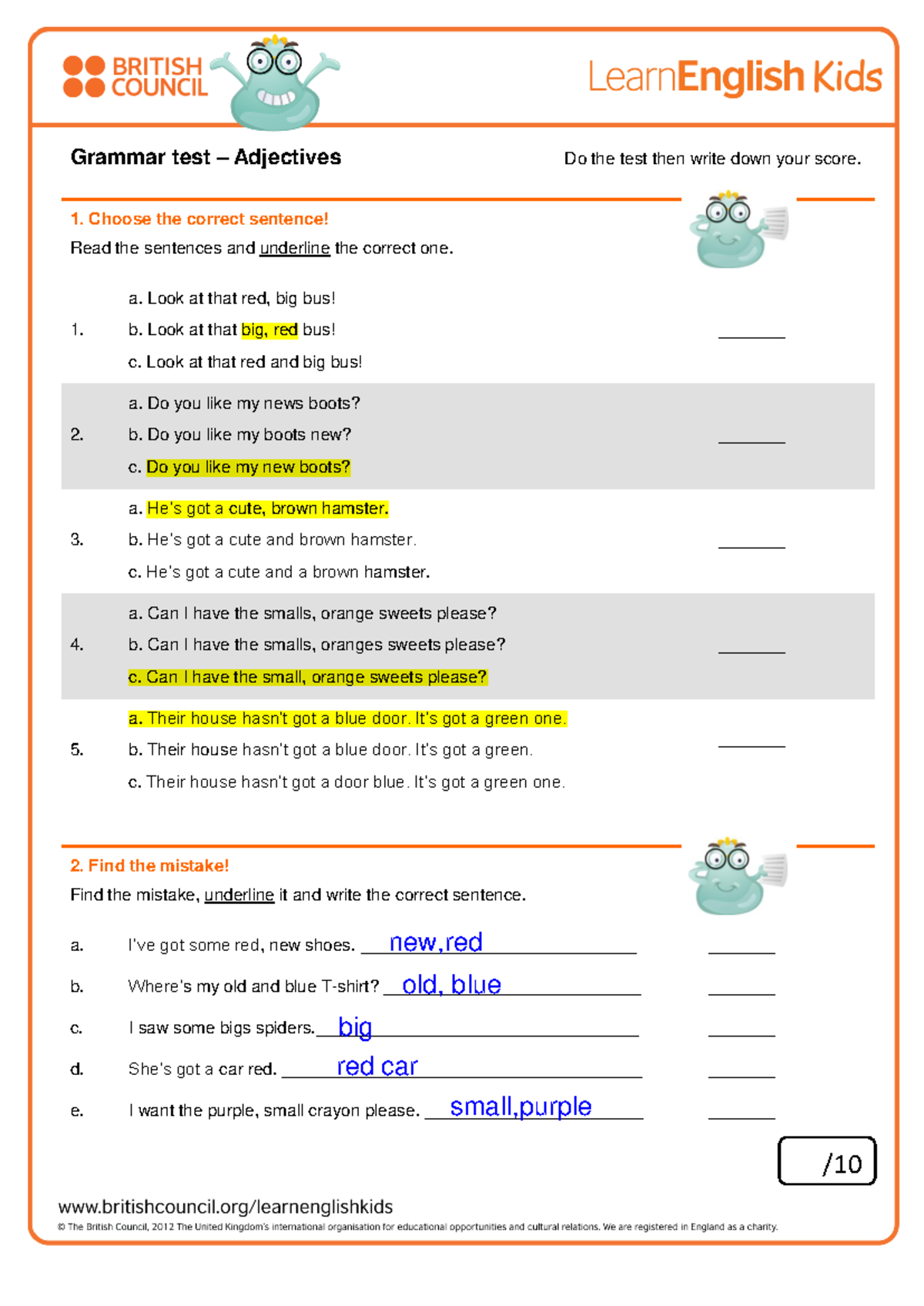 Grammar Practice: Adjectives Final Test and Scoring Guide - Studocu