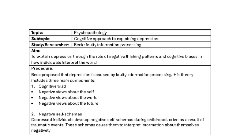 Beck's Cognitive Approach to Explaining Depression: Key Concepts and ...