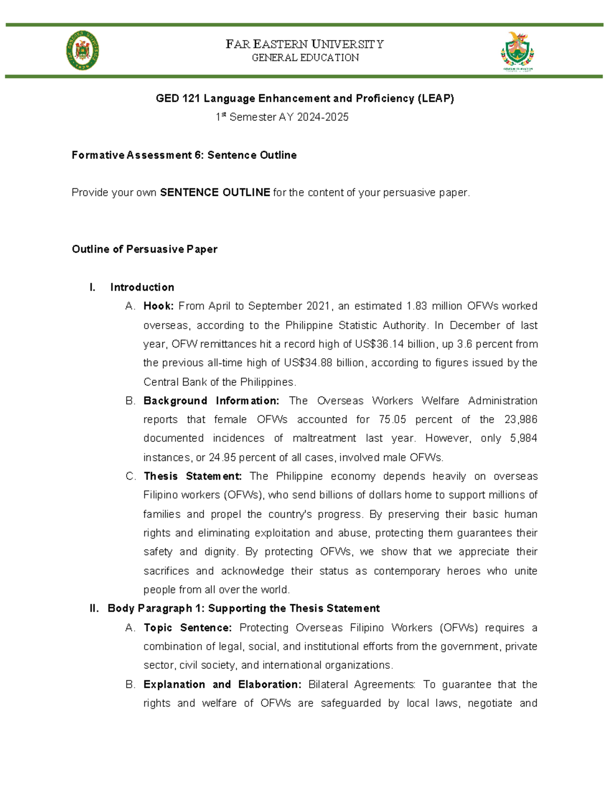 GED 121 Final Exam: Sentence Outline for Persuasive Paper on OFWs - Studocu