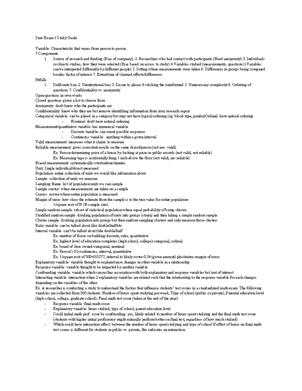 Stats 101: Exam 1 Study Guide on Variables and Sampling Methods - Studocu