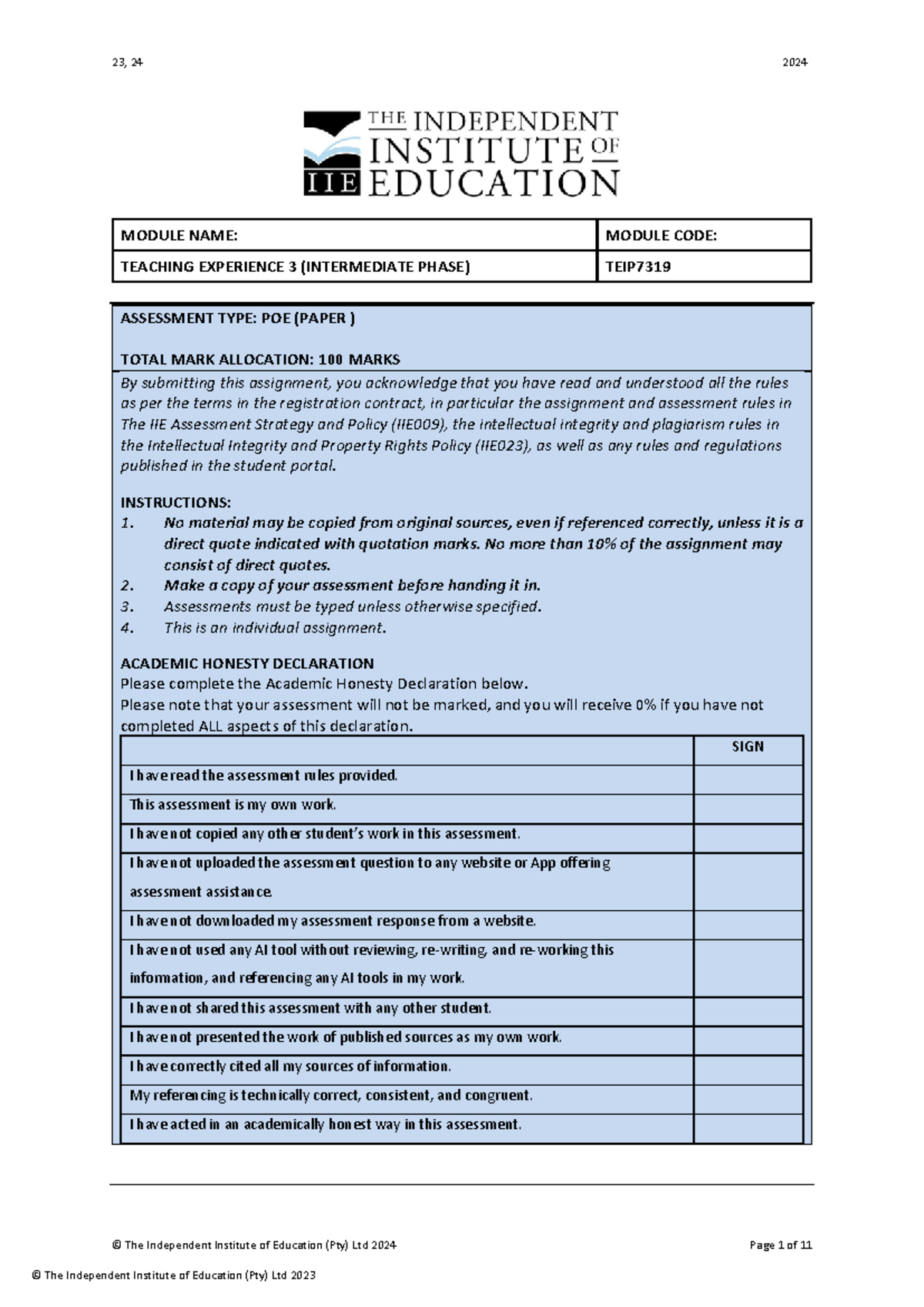 TEIP7319POE - Teaching Experience Portfolio of Evidence Checklist - Studocu