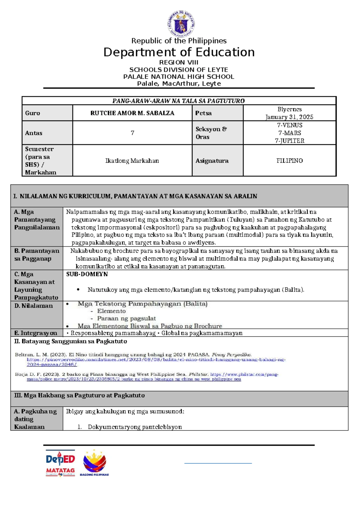 Lesson Plan for Filipino 7: Pagtuturo ng Ibong Adarna - Studocu