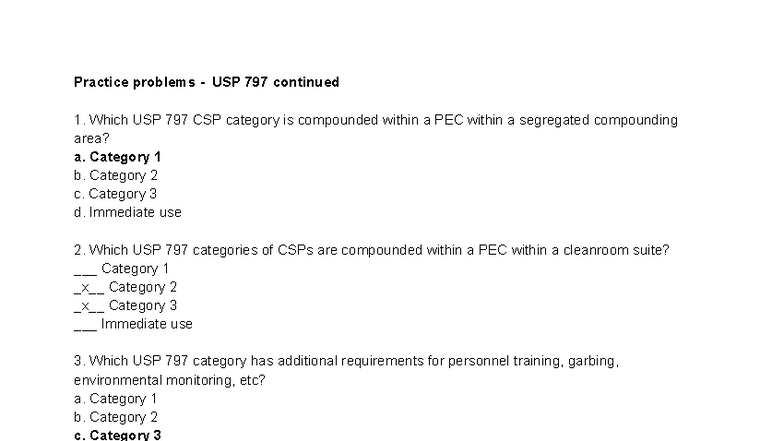 USP 797 Practice Problems for Category 1, 2, 3 CSPs - Studocu