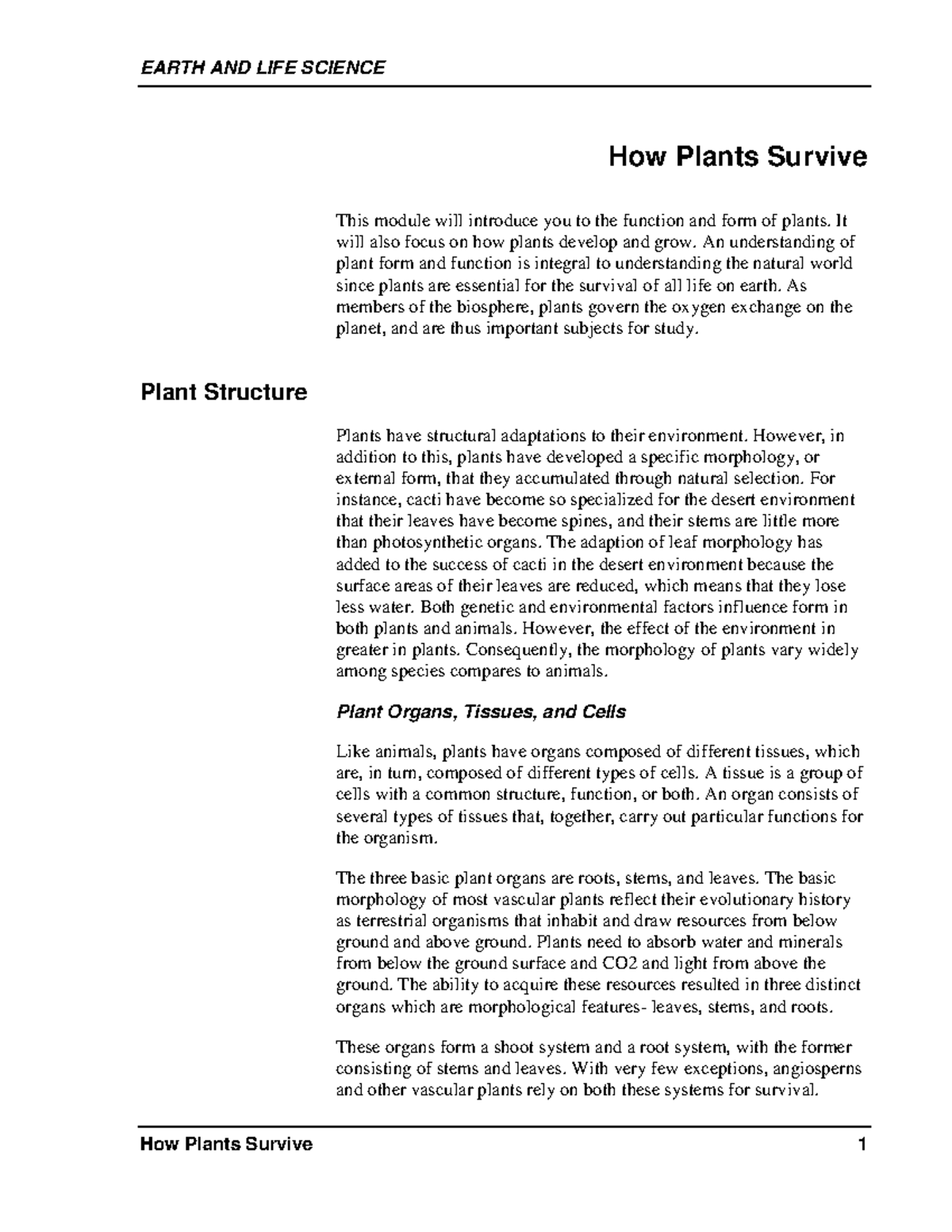 EAS 014 Module: Understanding How Plants Survive in Their Environment ...