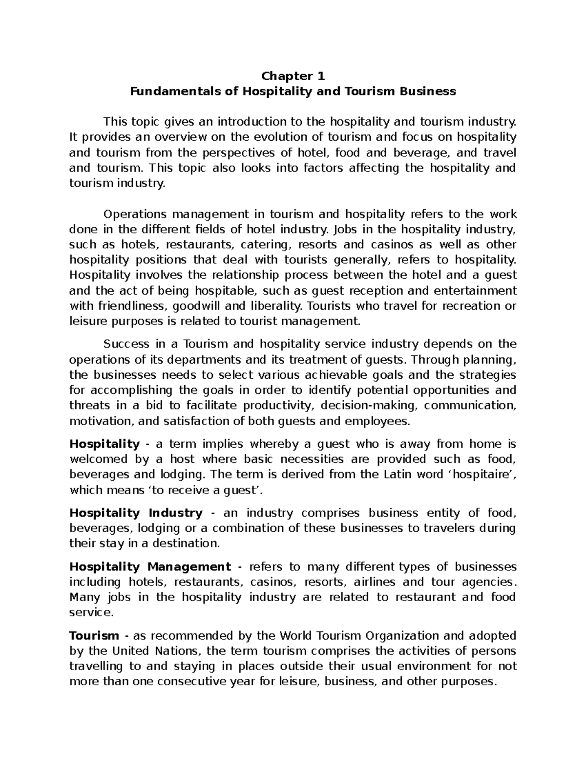 Chapter 1 Fundamentals of Hospitality and Tourism Business lesson 1 ...
