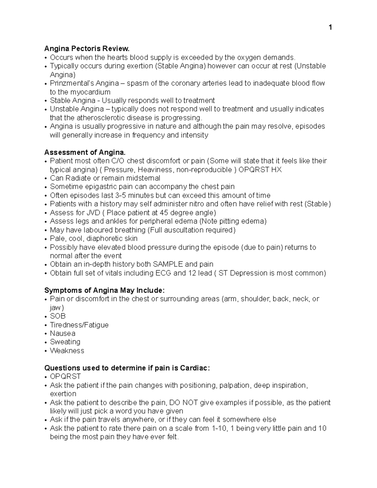 Cardiac Emergencies: Angina, MI, Assessment & Treatment Guide - Studocu