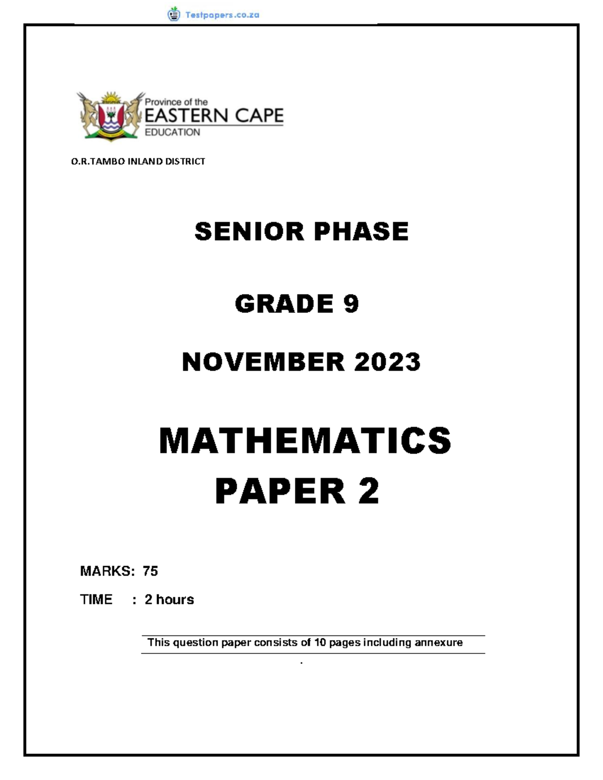 O.R.T.I. District Grade 9 Mathematics Paper 2 - Nov 2023 Exam - Studocu