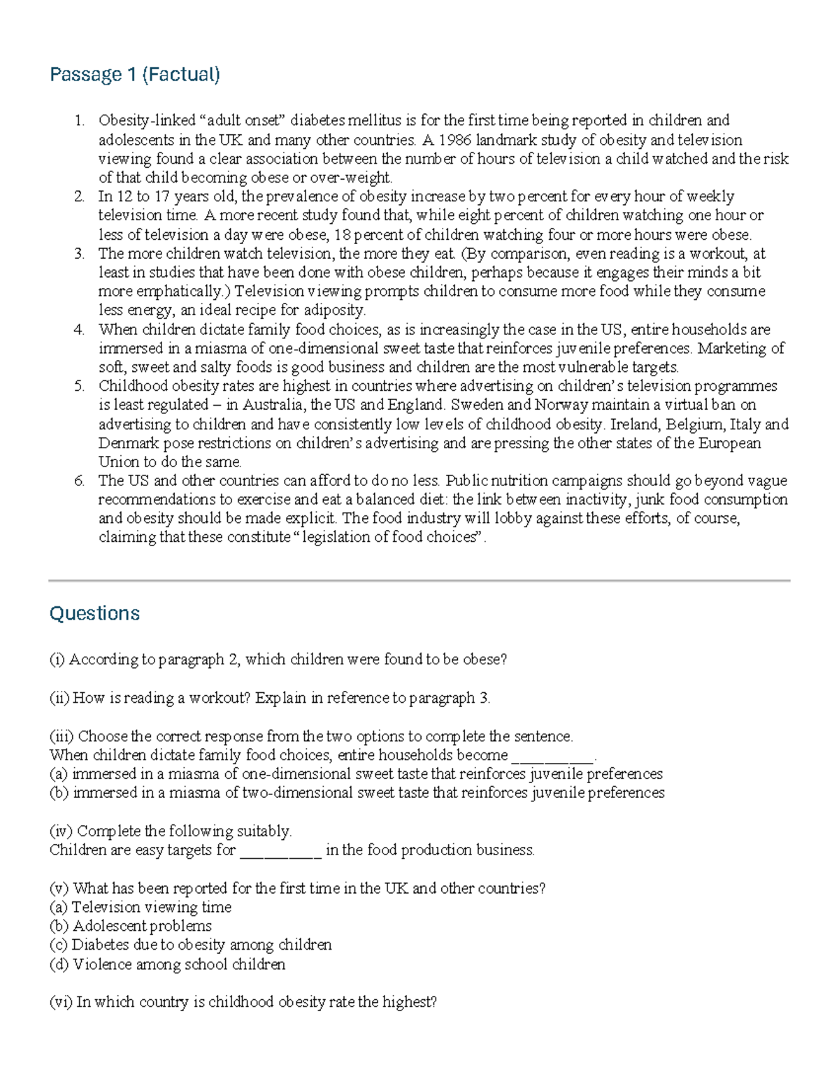 Factual Passage - Practice Questions on Childhood Obesity and TV ...