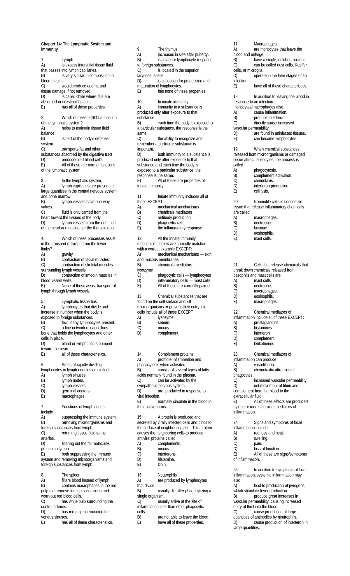 Chapter 14: The Lymphatic System & Immunity Overview - Studocu