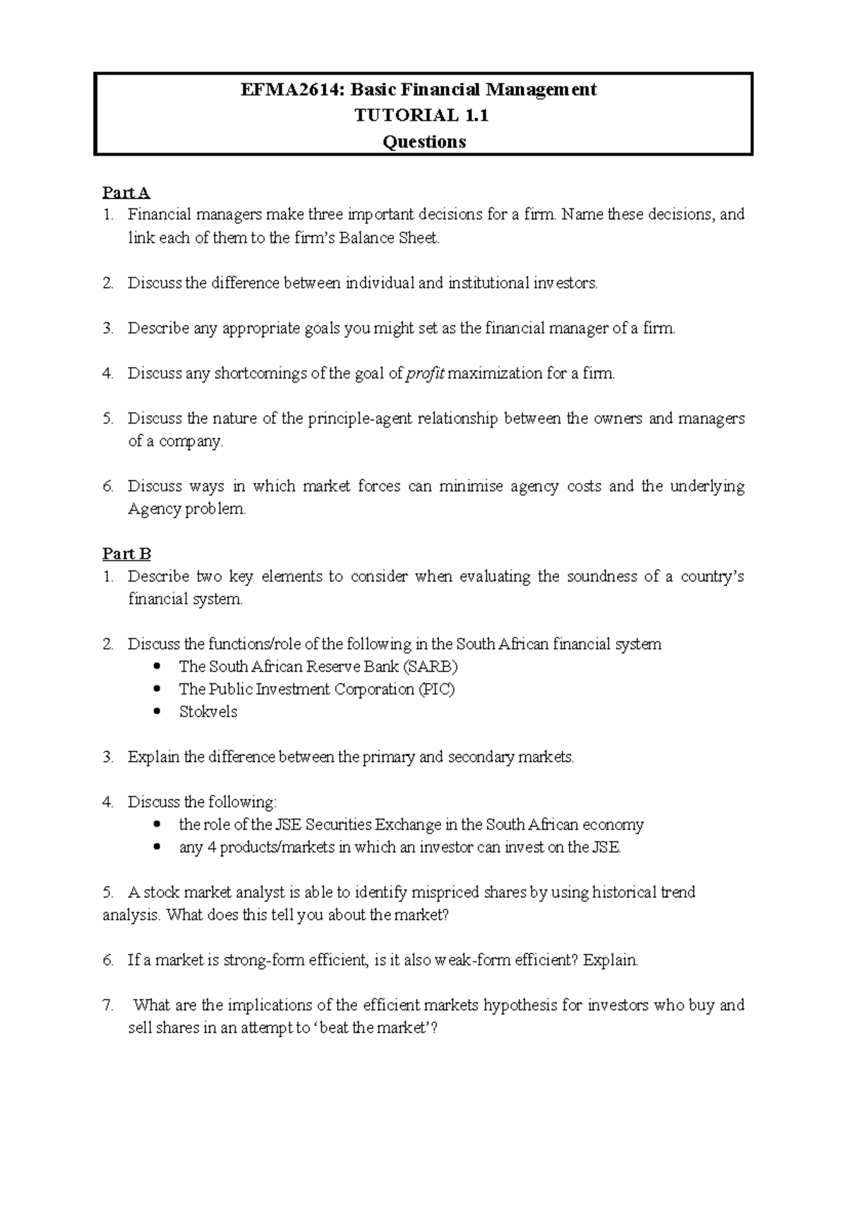 EFMA2614: Tutorial 1.1 Questions on Financial Management Concepts - Studocu