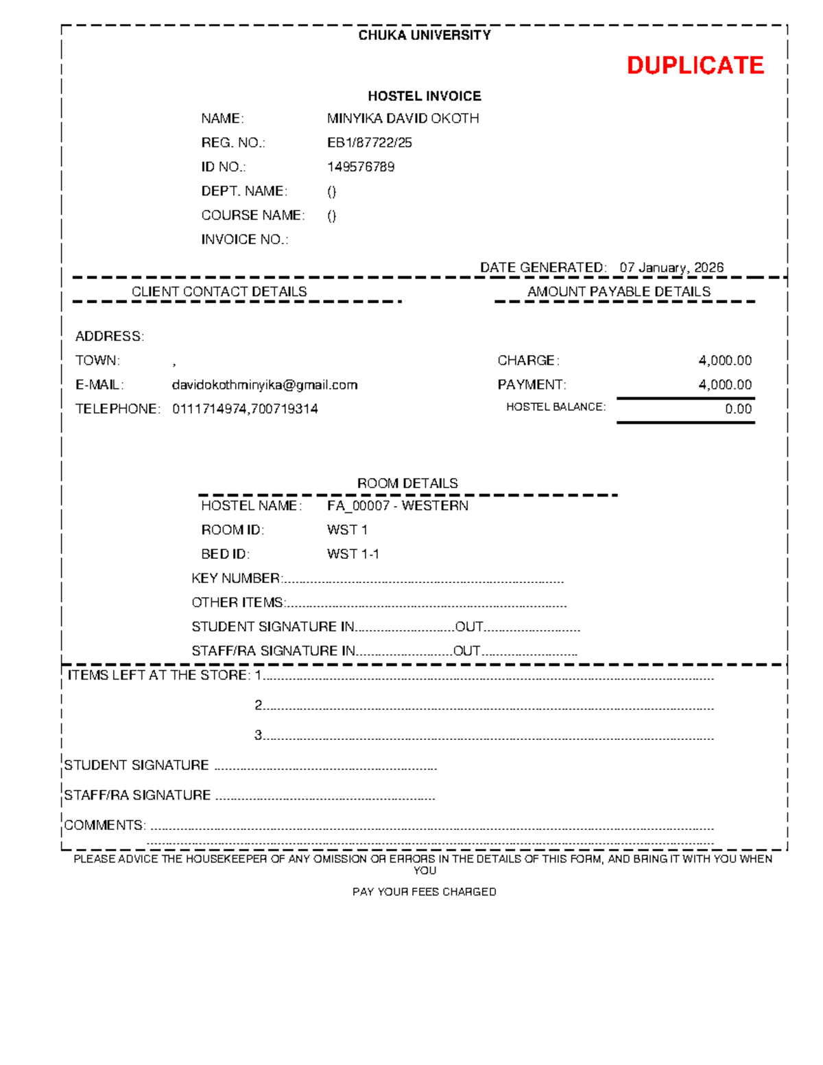 Hostel Invoice - CHUKA UNIVERSITY - Minyika David Okoth - Studocu