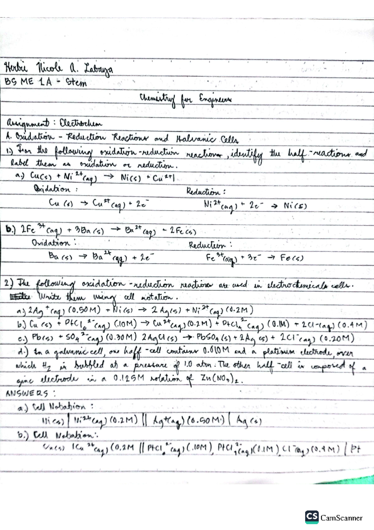 Electrochemistry Assignment: Oxidation-Reduction Reactions (BS ME 1A ...