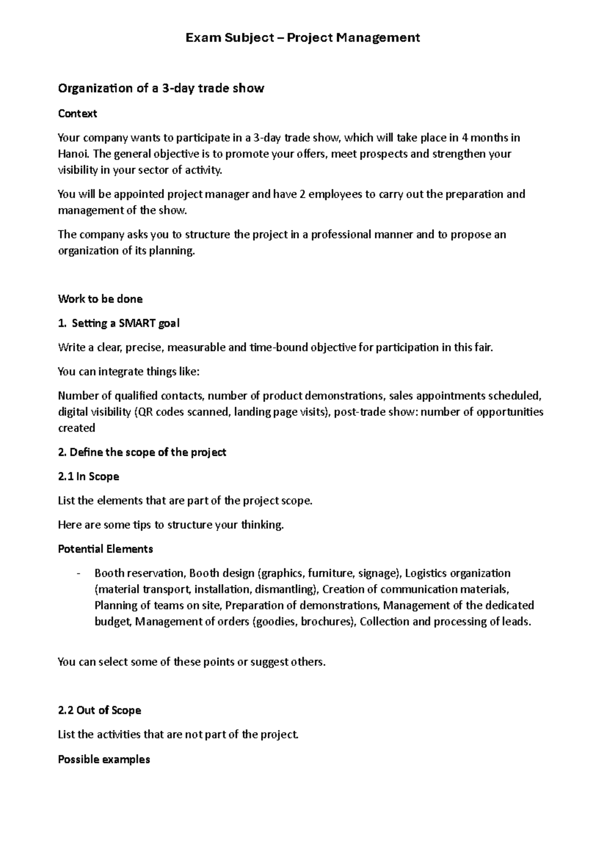 Exam Project Management: Trade Show Planning and Execution - Studocu