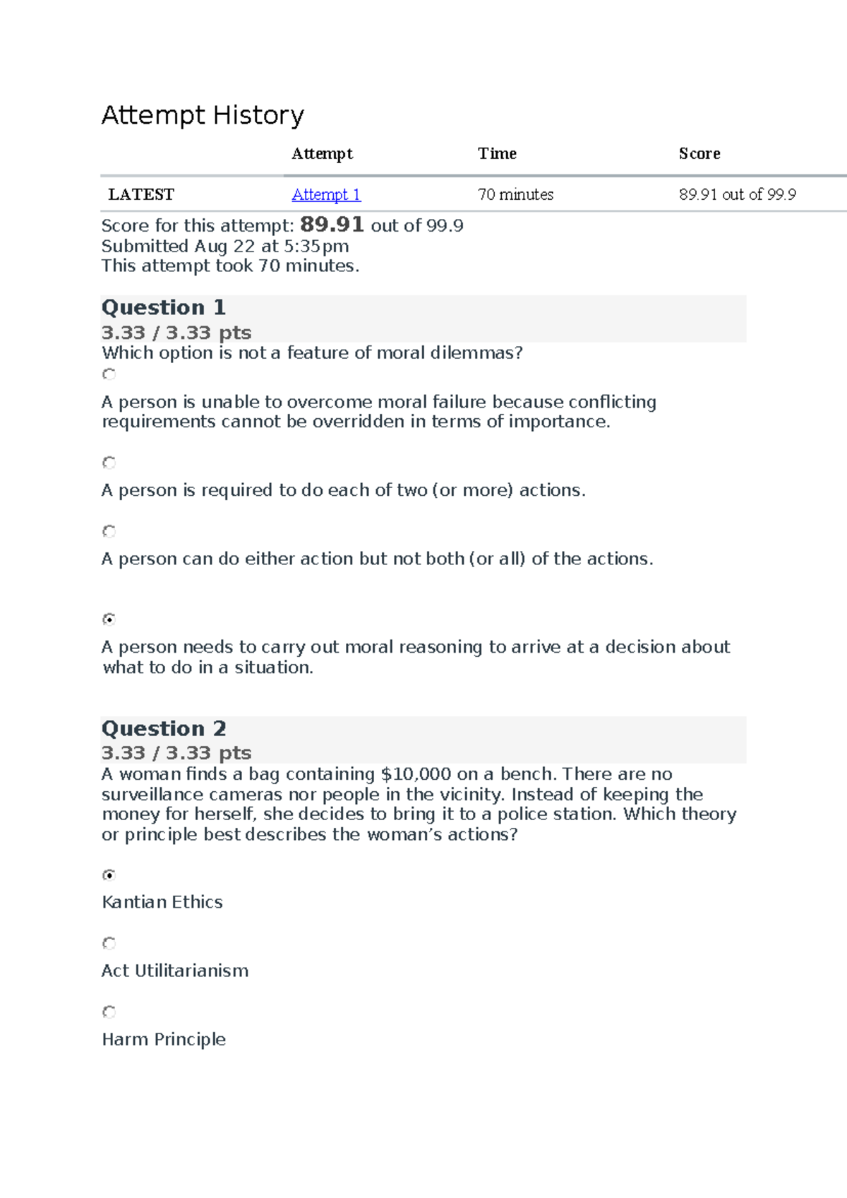PCOQ01 Quiz Attempt 01 - Moral Dilemmas and Ethics Insights - Studocu