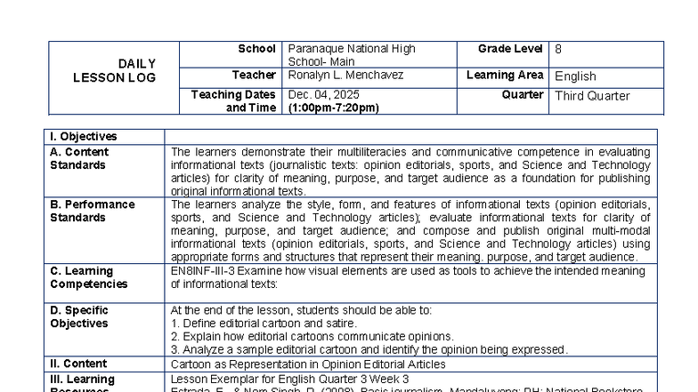 DAILY LESSON LOG: Analyzing Editorial Cartoons in English 8 - Studocu