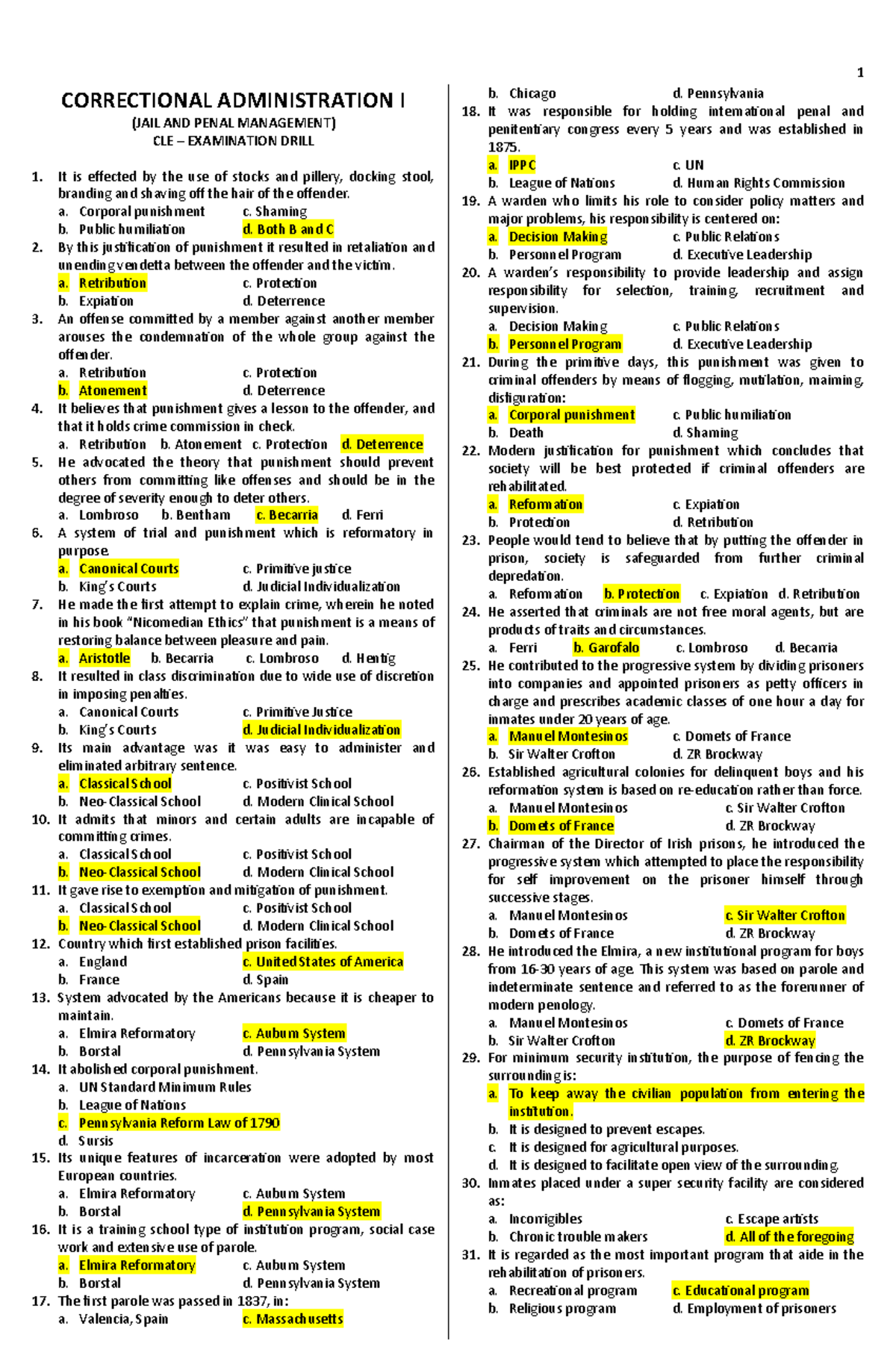 CORRECTIONAL ADMINISTRATION I (JAIL AND PENAL MANAGEMENT) CLE EXAM ...