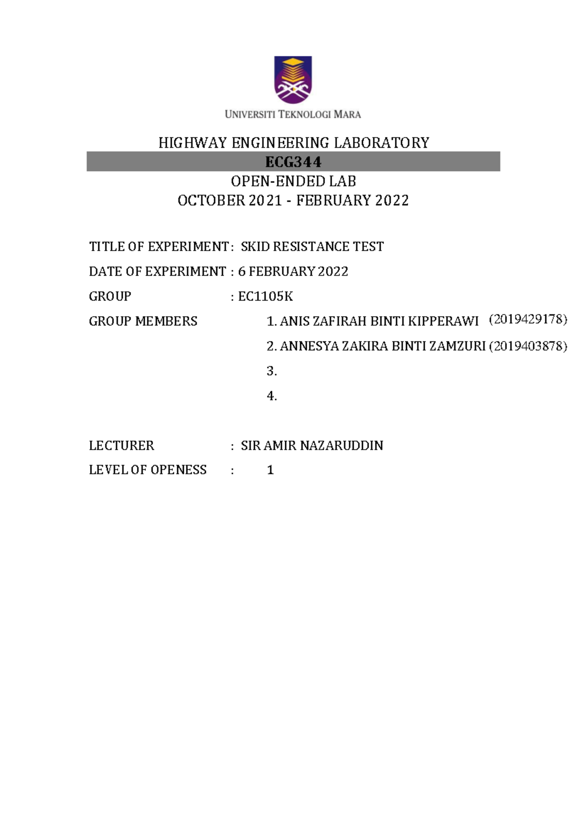 SKID Resistance TEST Lab Report - EC1105K Highway Engineering - Studocu