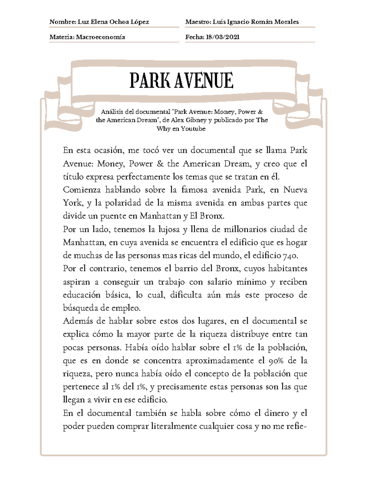 Análisis del Documental "Park Avenue: Money, Power & the American Dream ...