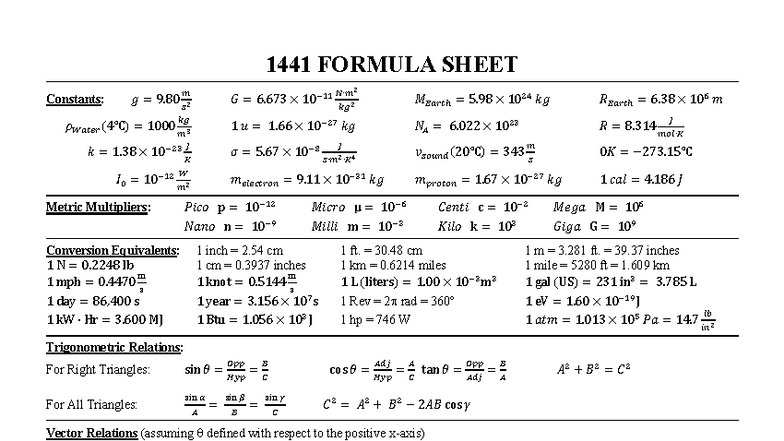 1441 Physics Formula Sheet: Key Constants and Equations - Studocu