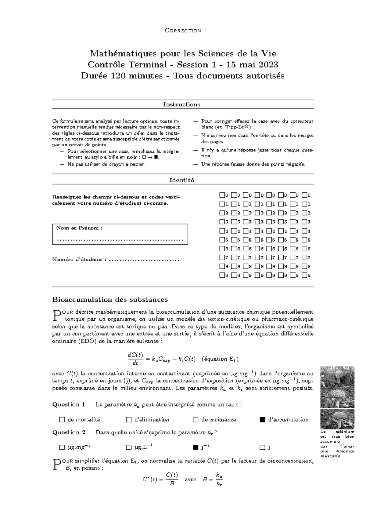 Sujet Maths 2023 - Mathématiques pour les Sciences de la Vie Contrôle ...