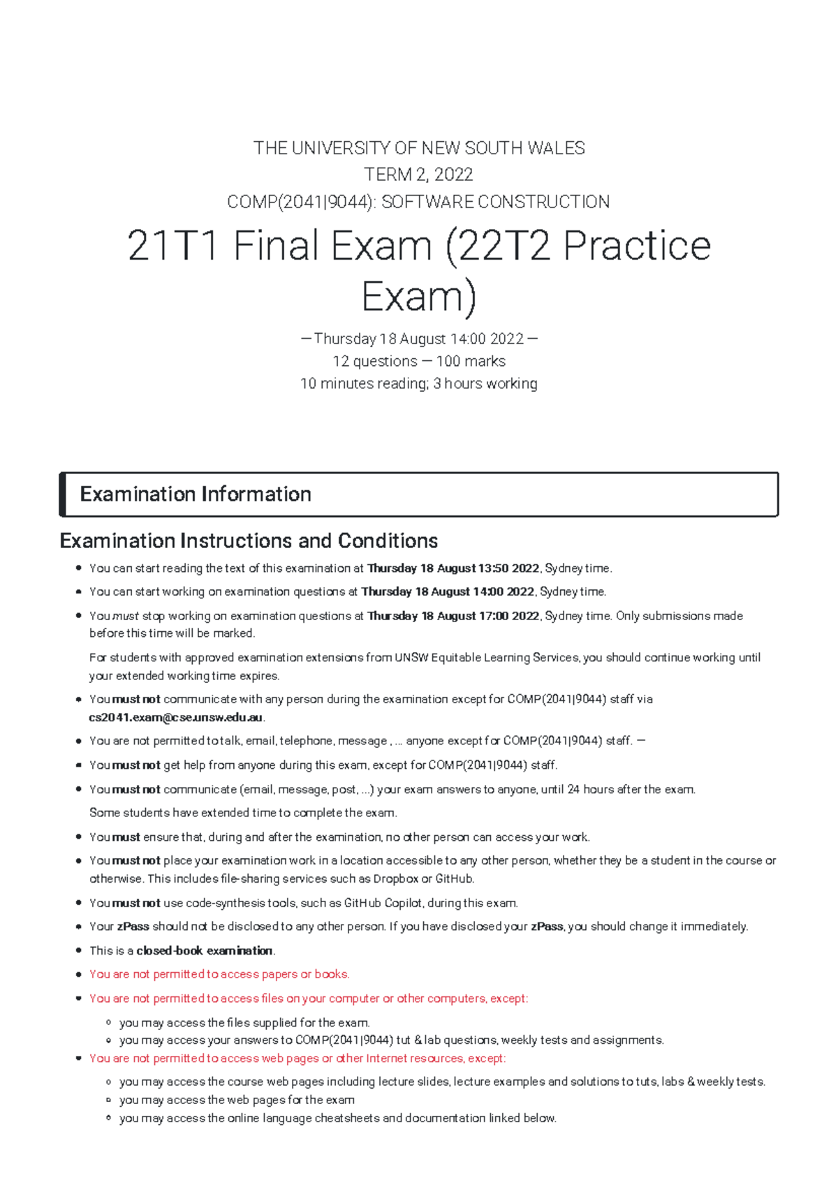 COMP2041 22T2 Software Construction Final Exam Practice Questions - Studocu