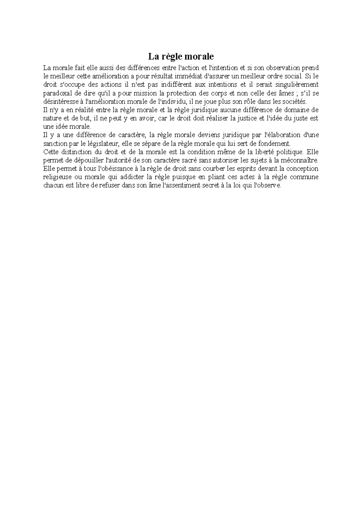 La règle morale - Résumé et Distinction avec le Droit - Studocu