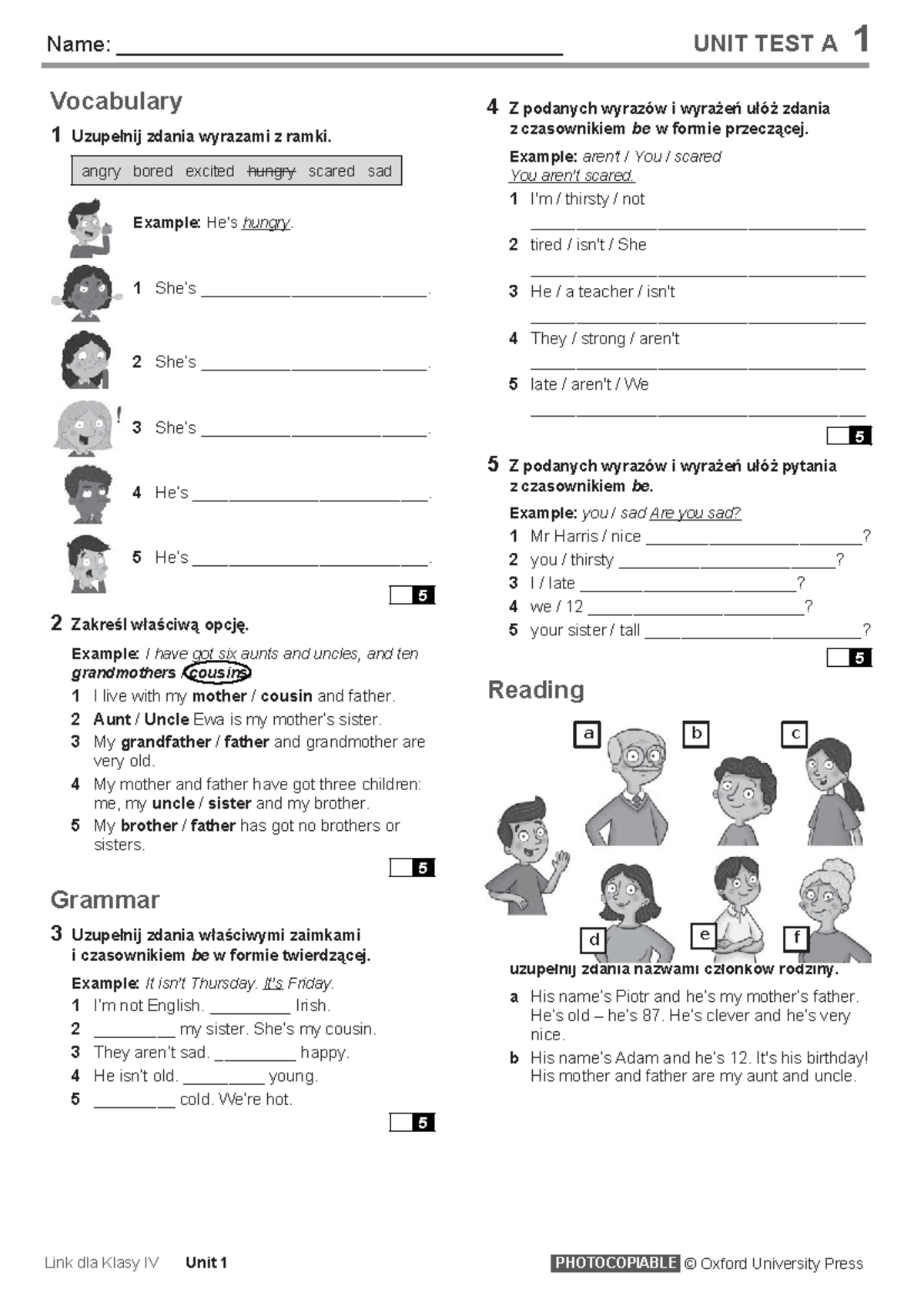UNIT TEST A: Vocabulary & Grammar for Class IV (L4 U1) - Studocu