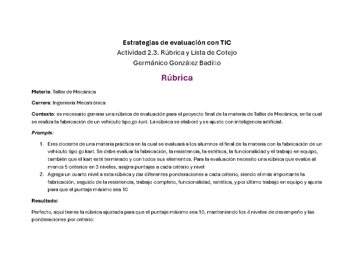 Rúbrica de Evaluación del Proyecto Final - Taller de Mecánica (ING-123 ...