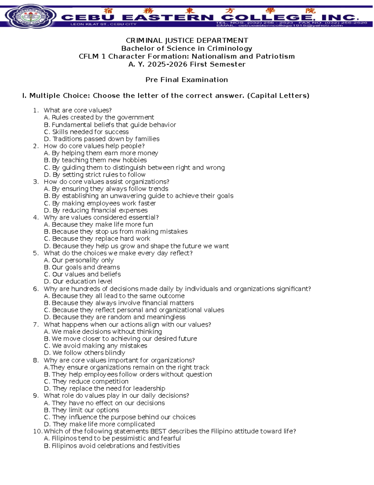 CFLM 1 Pre-Final Exam: Character Formation on Values - Studocu