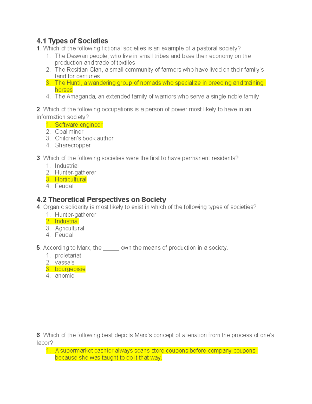 Chapter 4 Study Guide Quiz (With Answers) - 4 Types of Societies Which ...