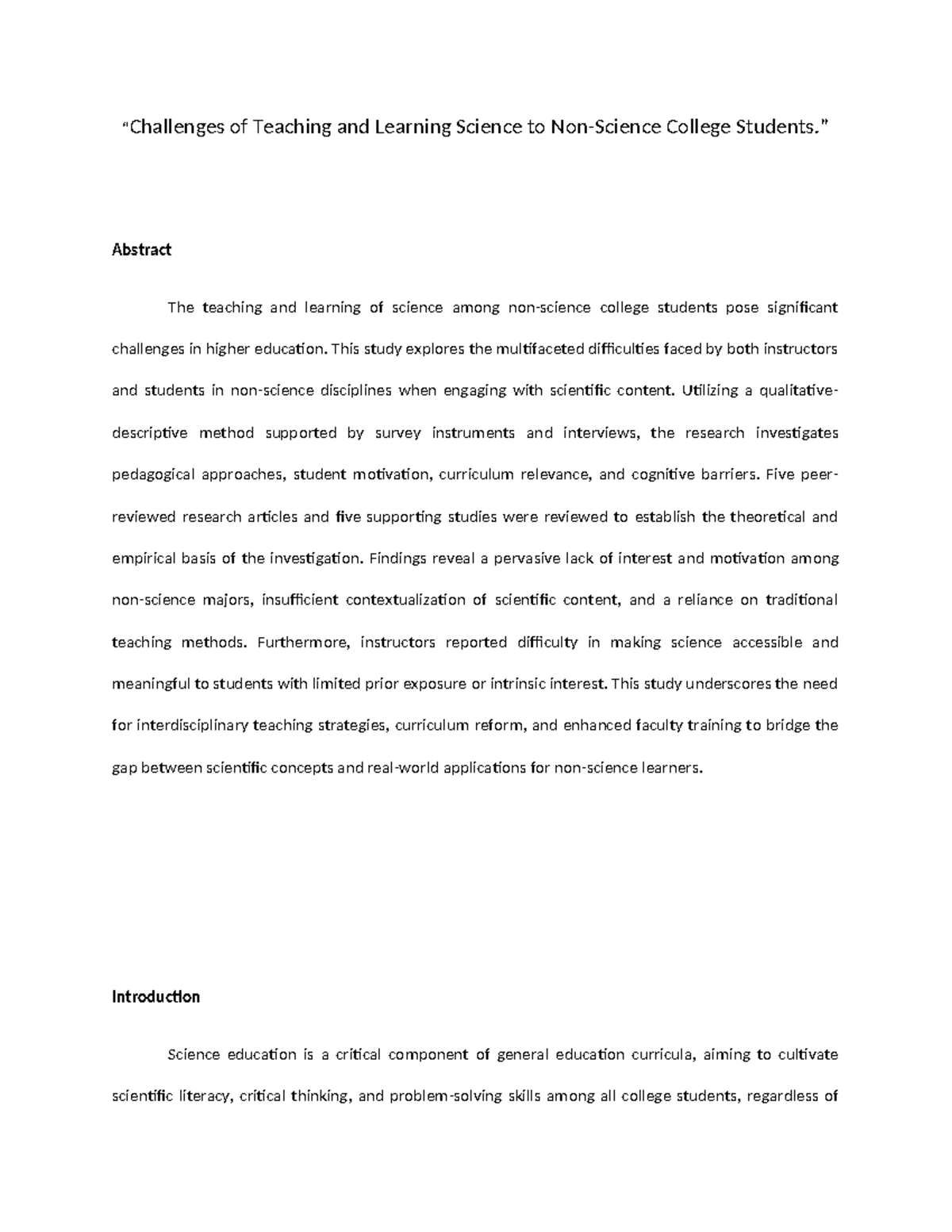 Research on Teaching Science Challenges in College Education - Studocu