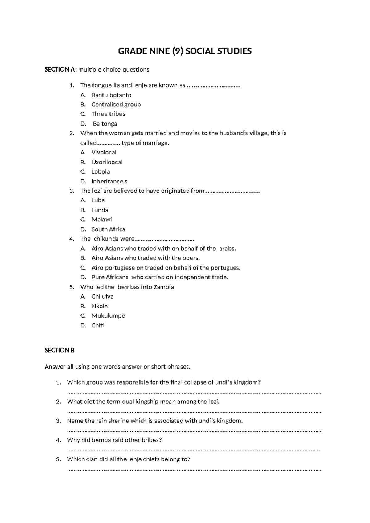 Grade 9 (9) Social Studies: Quiz on Bantu Cultures and Traditions - Studocu