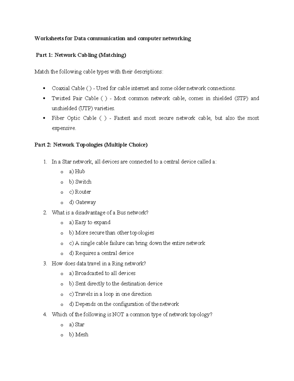 Worksheets for Data Comm & Networking (Part 1: Cabling & Topologies ...