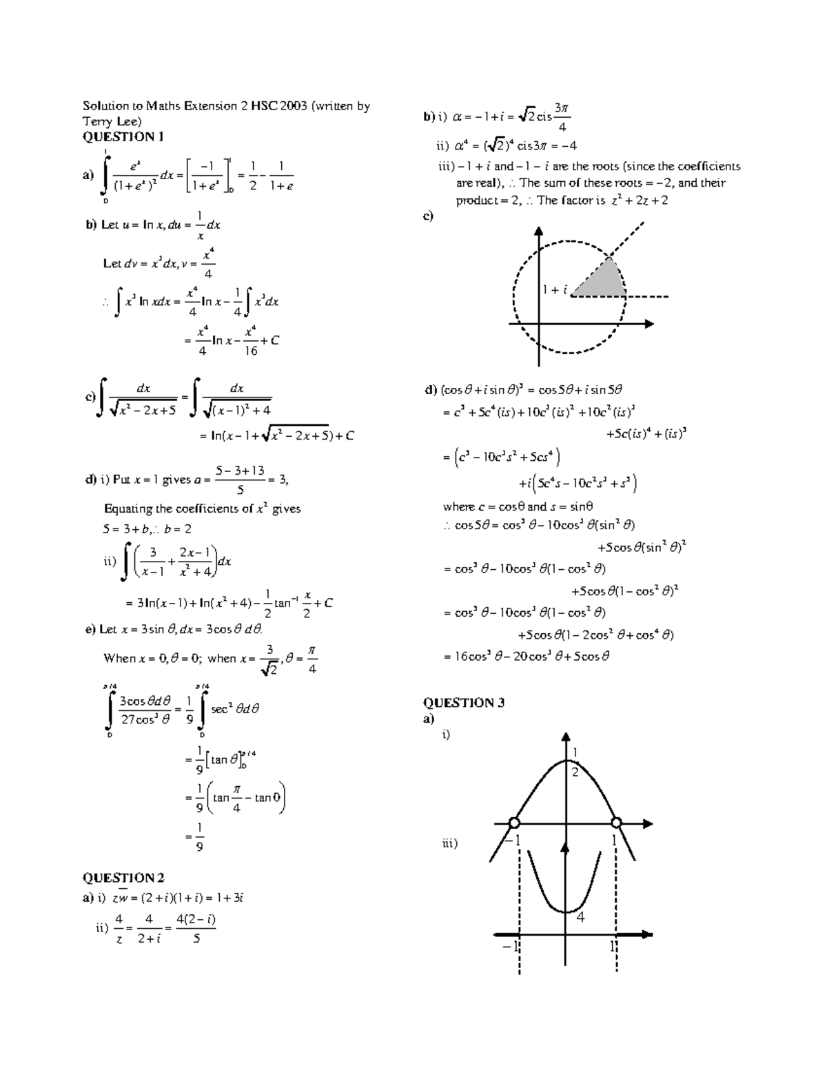 Maths Ext 2 HSC 2003 Solutions by Terry Lee: Comprehensive Guide - Studocu