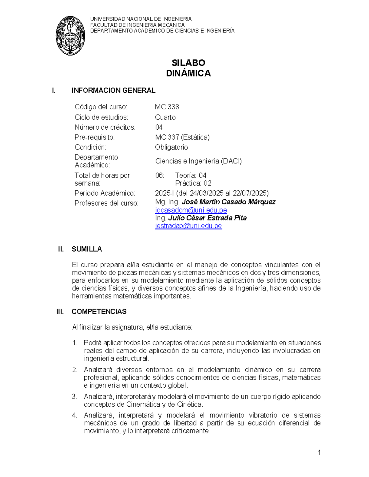 Silabo MC 338 - Dinámica I: Información y Contenido del Curso 2025-1 ...