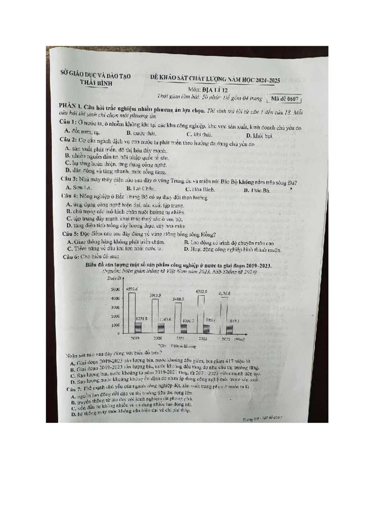 Đề Kiểm Tra Chất Lượng Năm Học 2023 Môn Địa Lí 12 - Mã Đề 0607 - Studocu