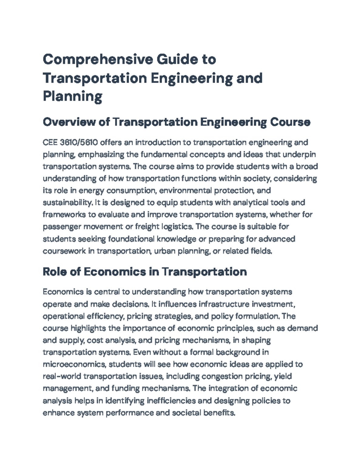 CEE 3610/5610 Final Exam Notes: Comprehensive Transportation ...
