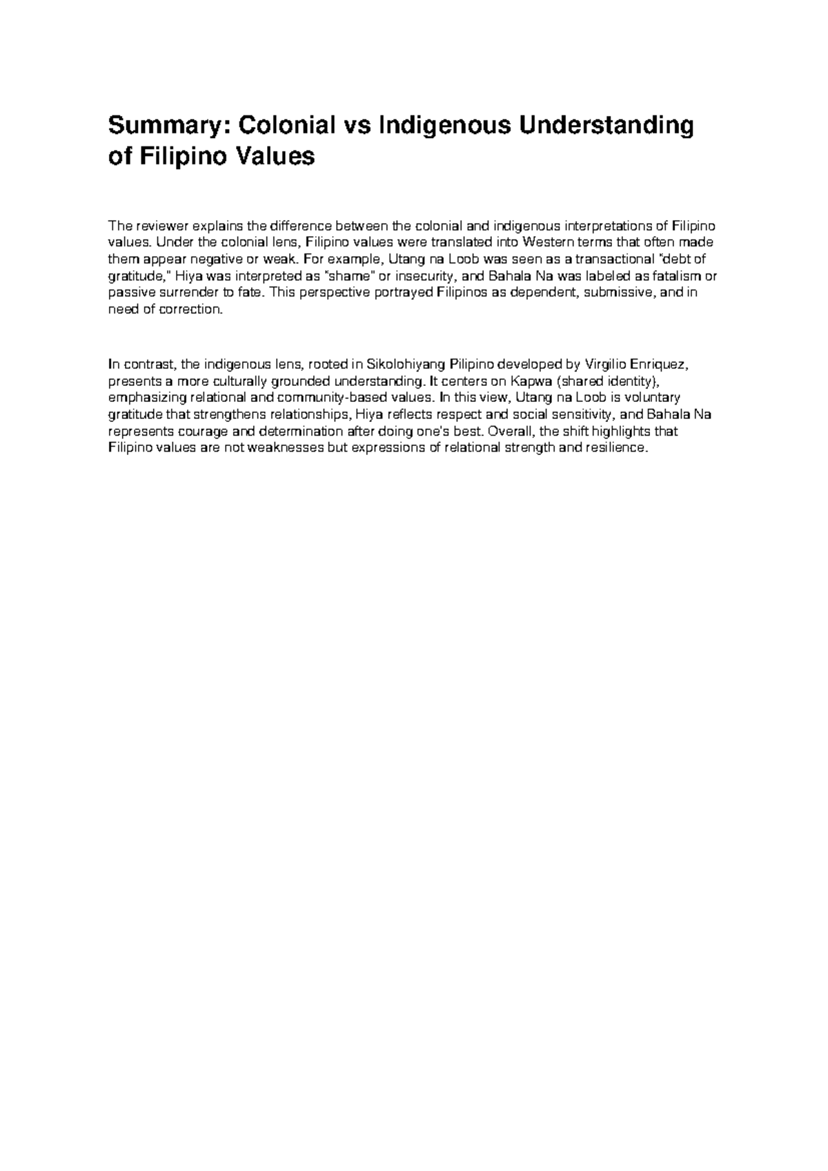 Filipino Values Summary: Colonial vs Indigenous Perspectives - Studocu