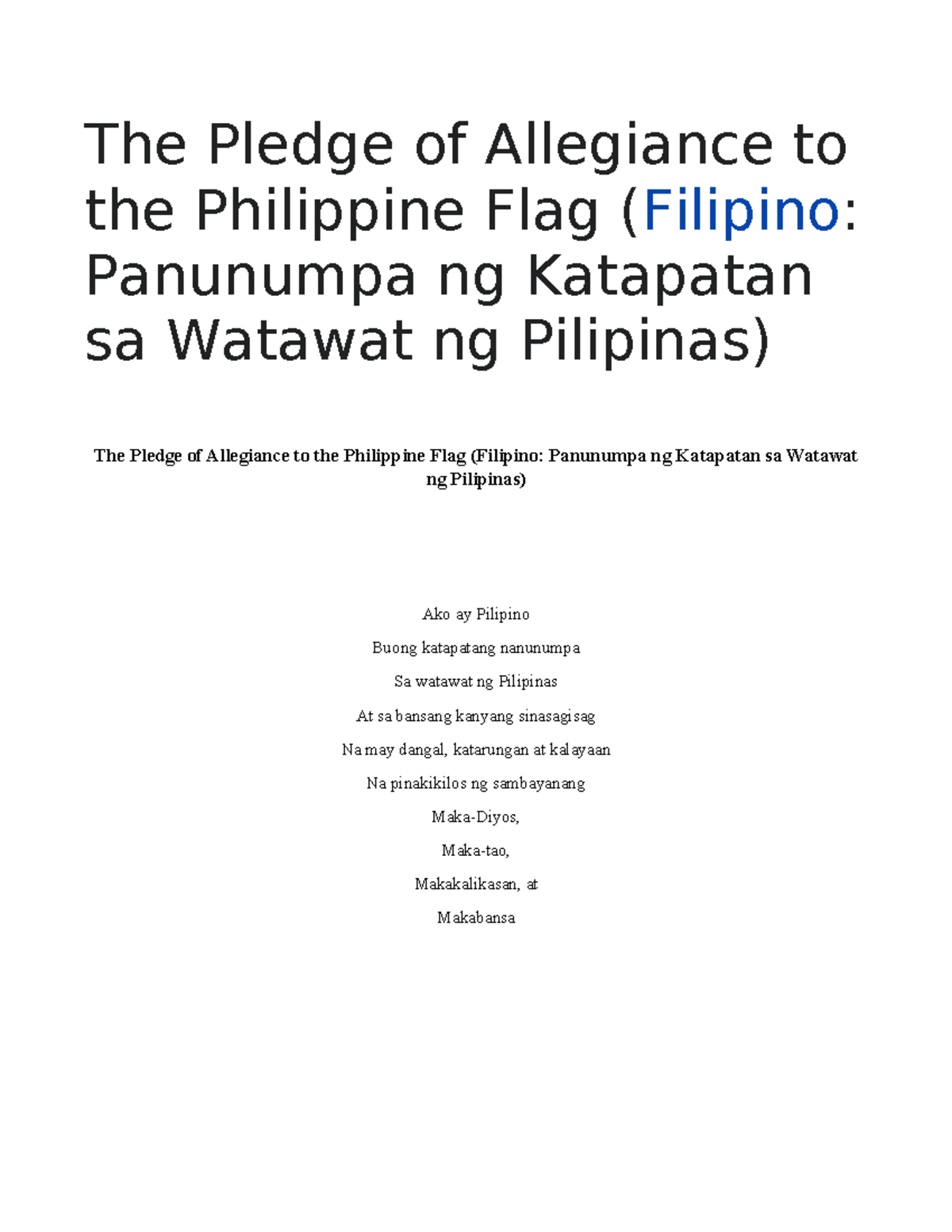 The Pledge of Allegiance to the Philippine Flag - The Pledge of ...