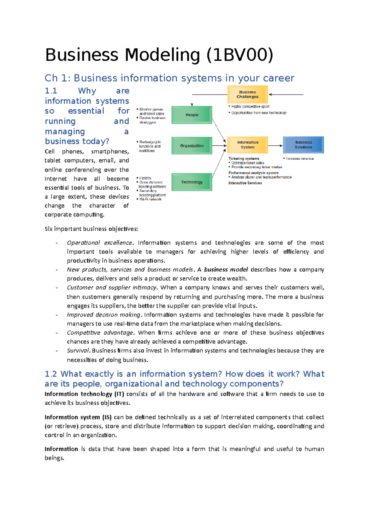 Summary essentials of MIS - Business Modeling (1BV00) Ch 1: Business ...