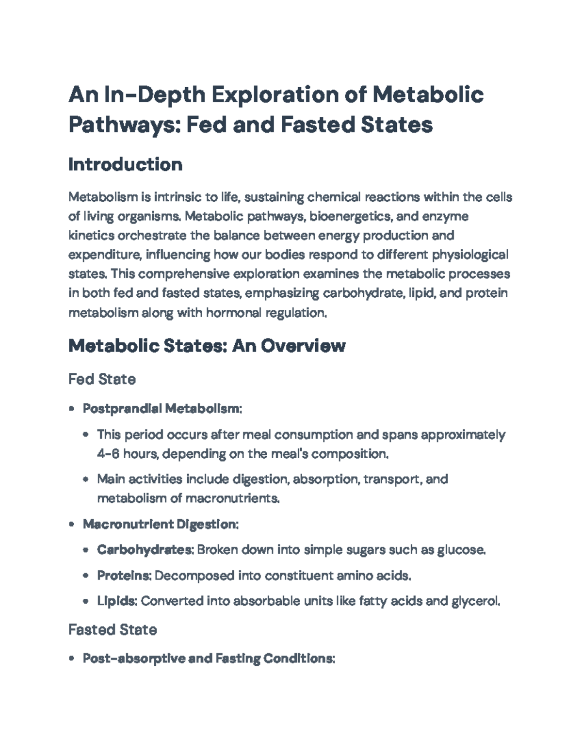 Metabolic Pathways in Fed and Fasted States: An Overview for Biology ...