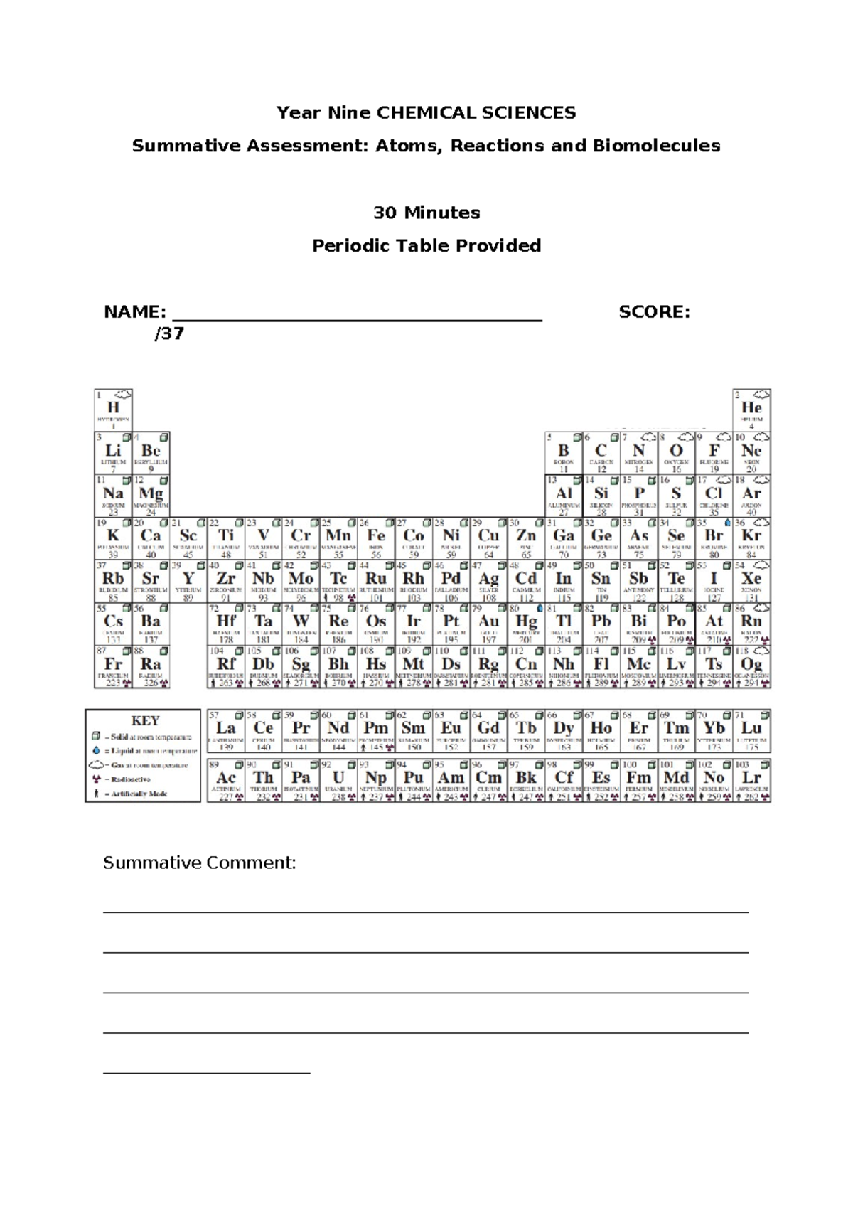Year 9 CHEM 30 Min Summative Assessment: Atoms & Reactions - Studocu