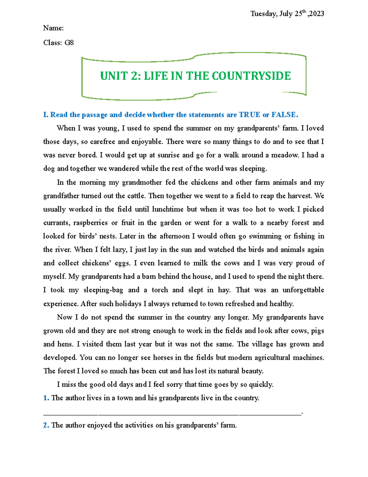 G8 (25 - grammar - Tuesday, July 25th , Name: Class: G I. Read the ...