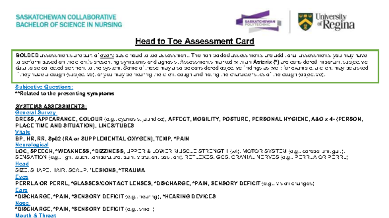 Head to Toe Assessment Card: Key Evaluations & Techniques 2025 - Studocu