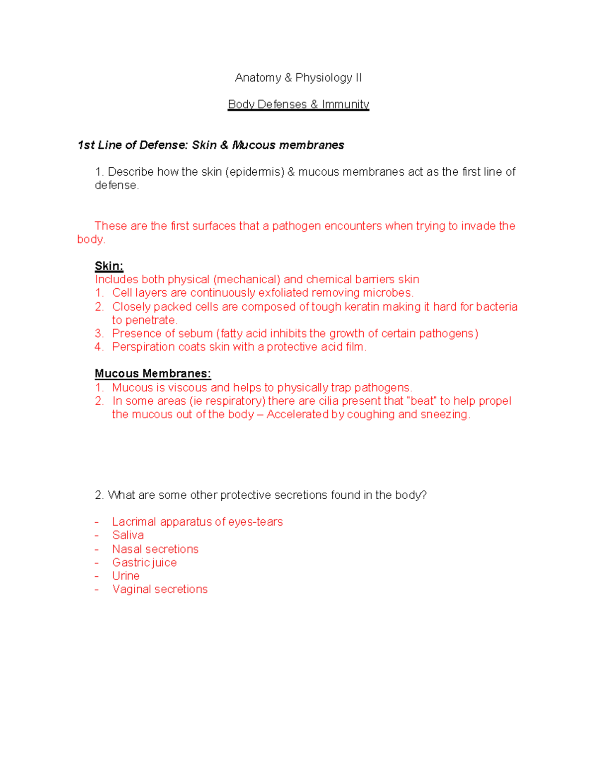 Lab - Anatomy Physiology II: Body Defenses & Immunity Overview - Studocu