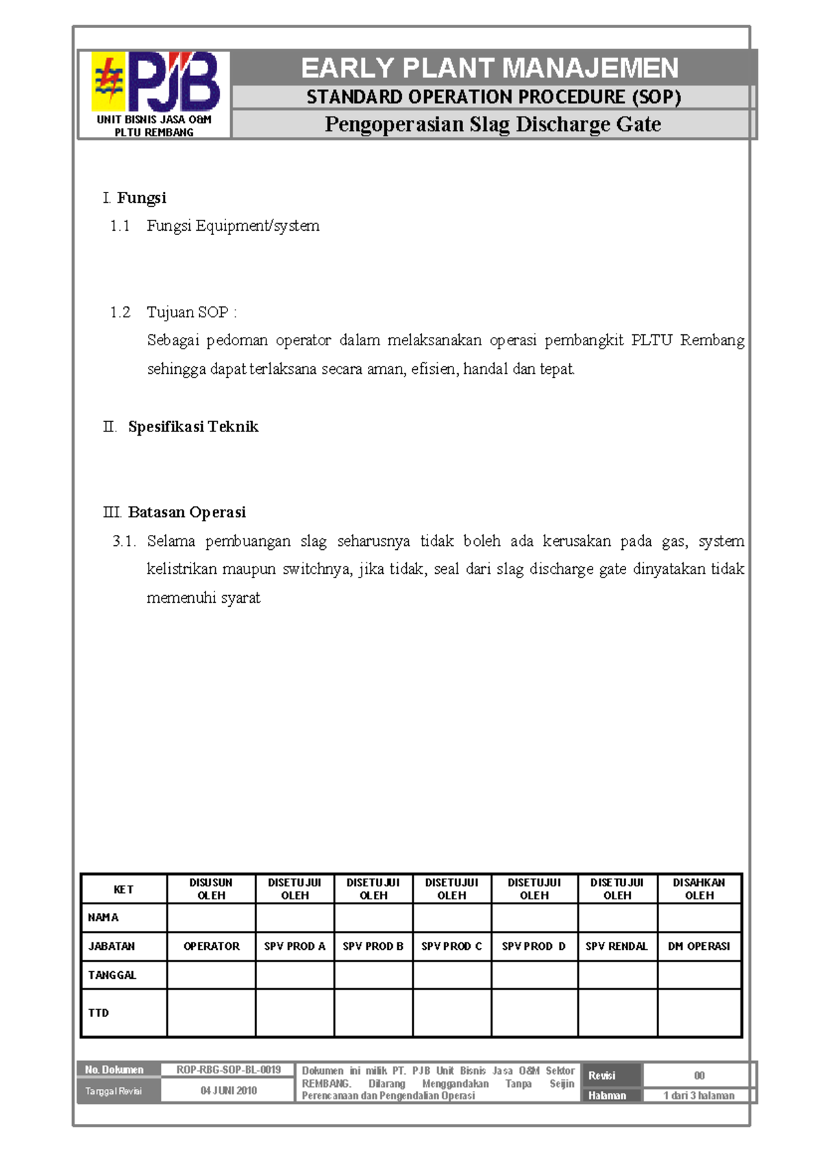 SOP Pengoperasian Slag Discharge Gate - ROP-RBG-SOP-BL-0019 - Studocu