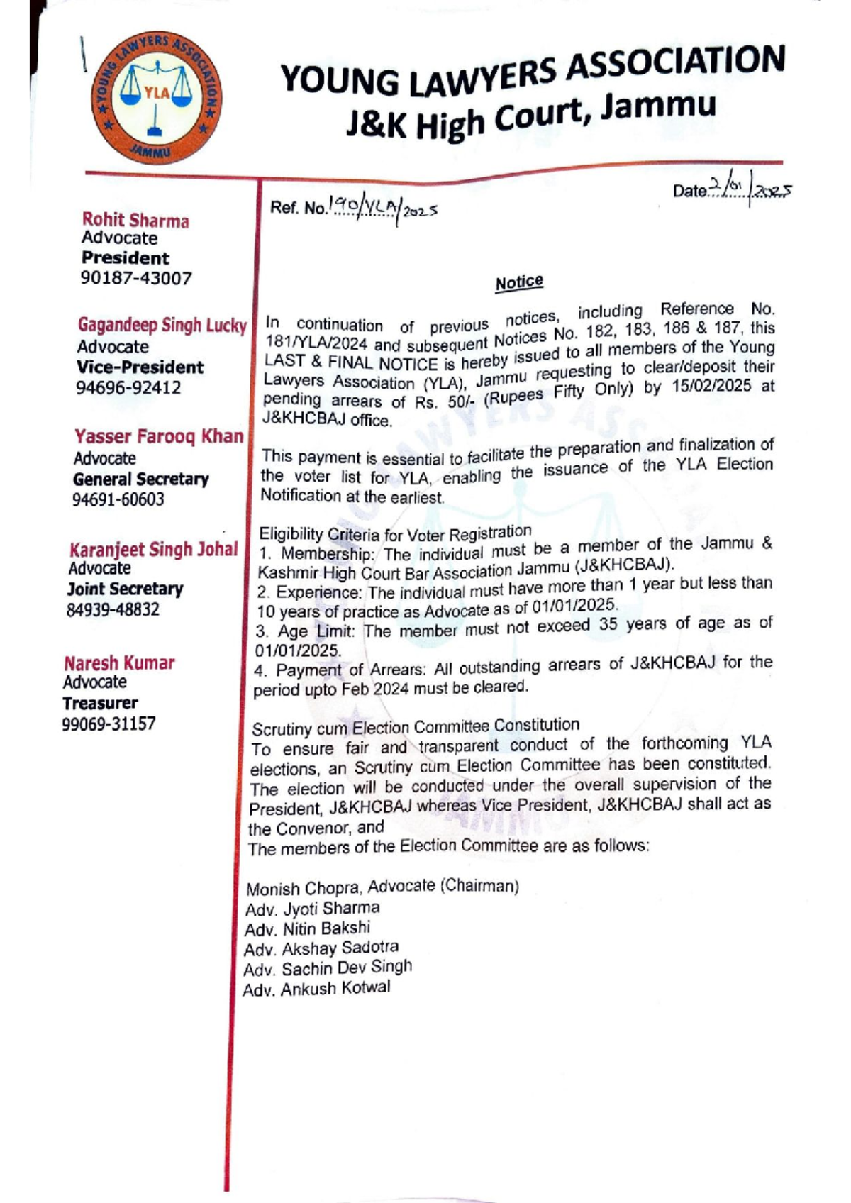 YLA Election Notice 2024: Final Reminder for Arrears Payment - Studocu