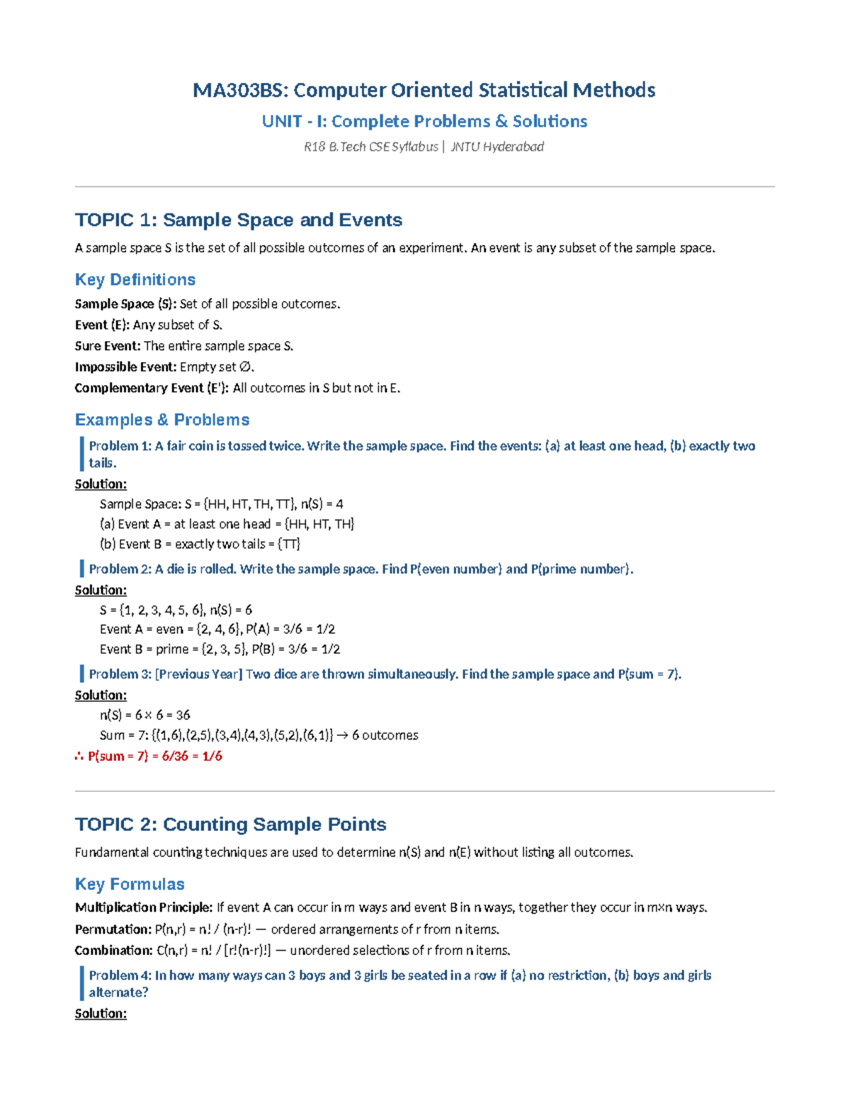MA303BS: Computer Oriented Statistical Methods UNIT I: Probability ...